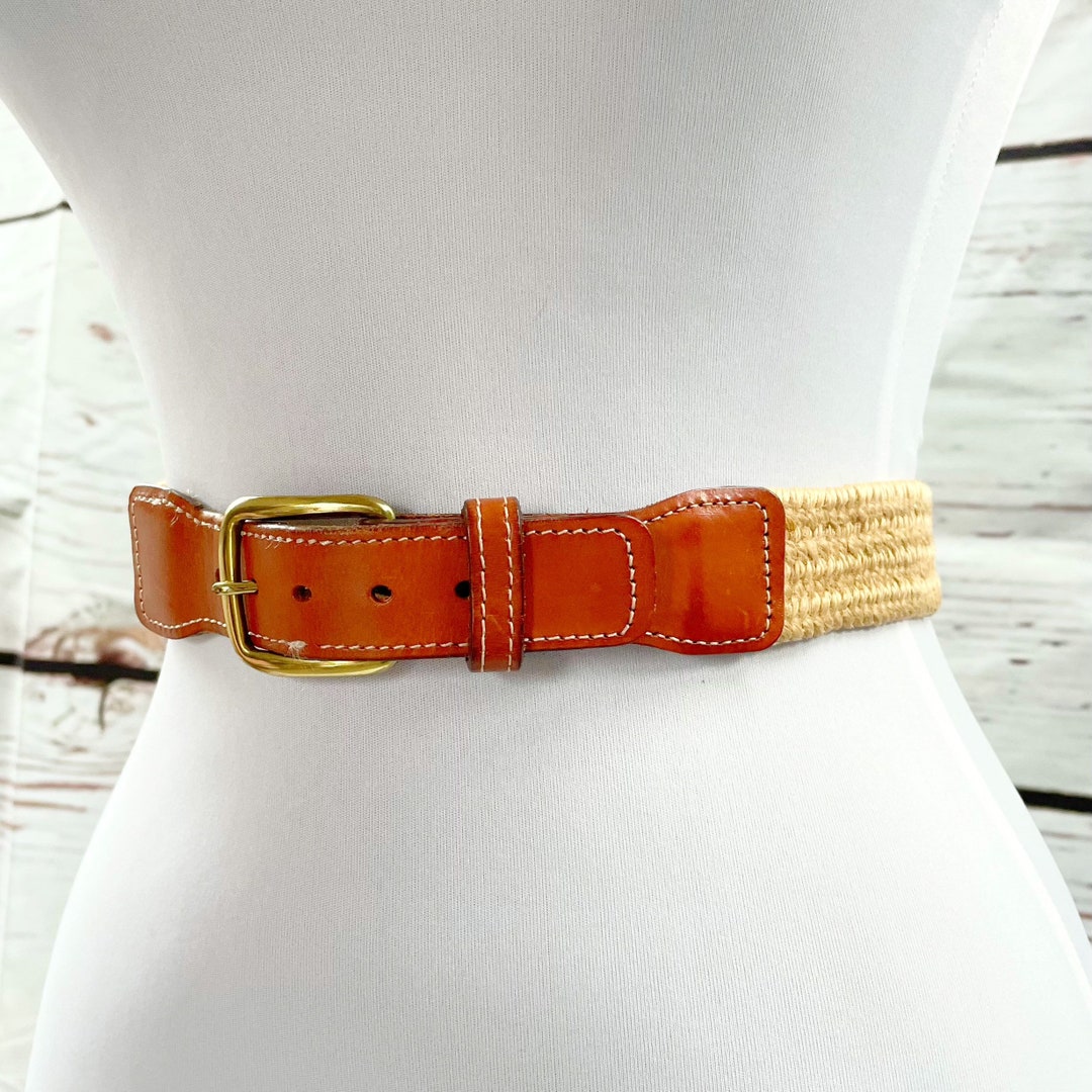 Vintage 70s Woven Jute Thin Belt Leather Buckle Stretch 29-37” M L XL ...