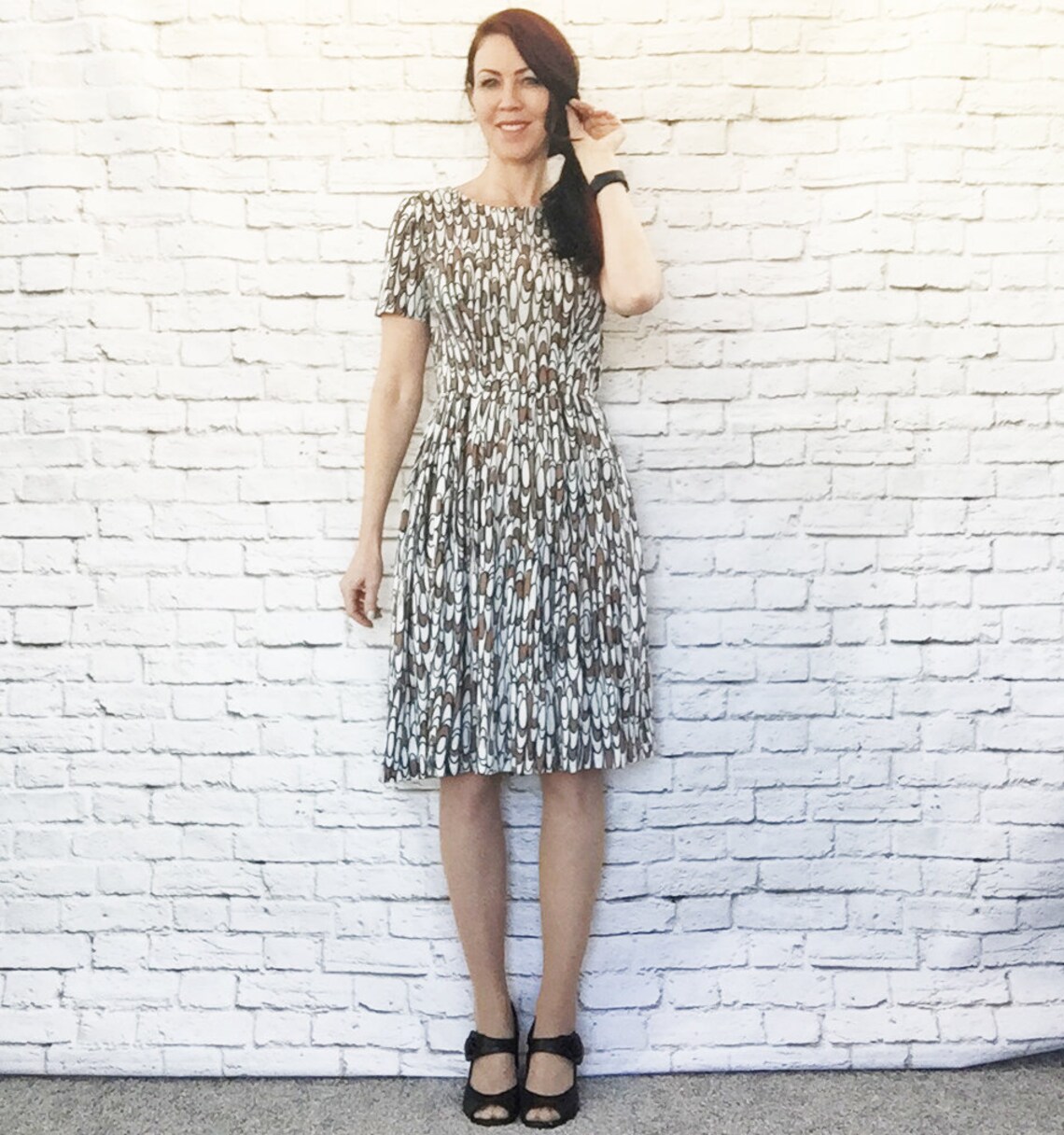 Vintage 50s Atomic Novelty Print Dress XS S White Black Brown Knee ...
