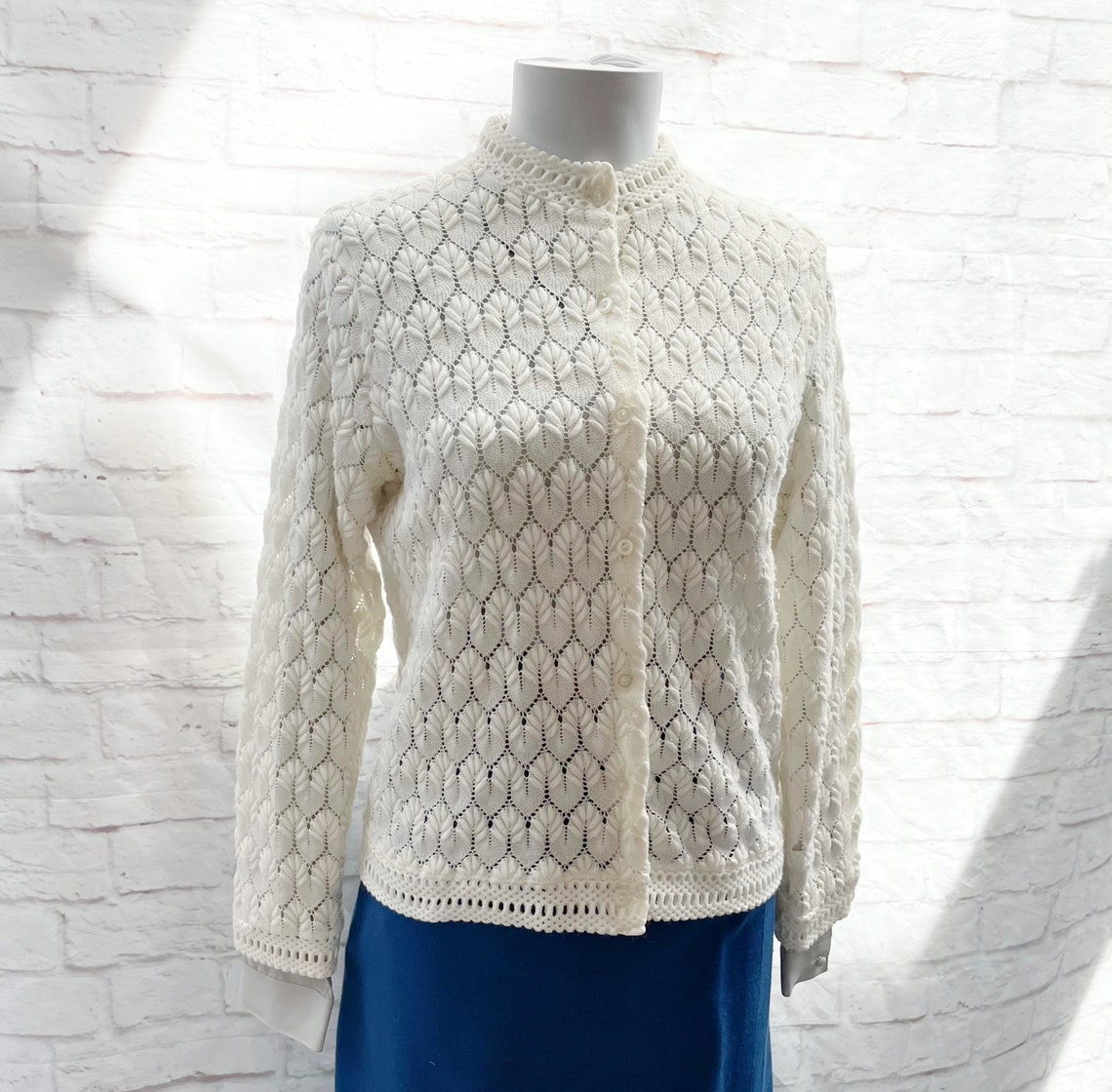 Vintage 50s Knit Cardigan Sweater White Open Weave Lace Trim S M - Etsy