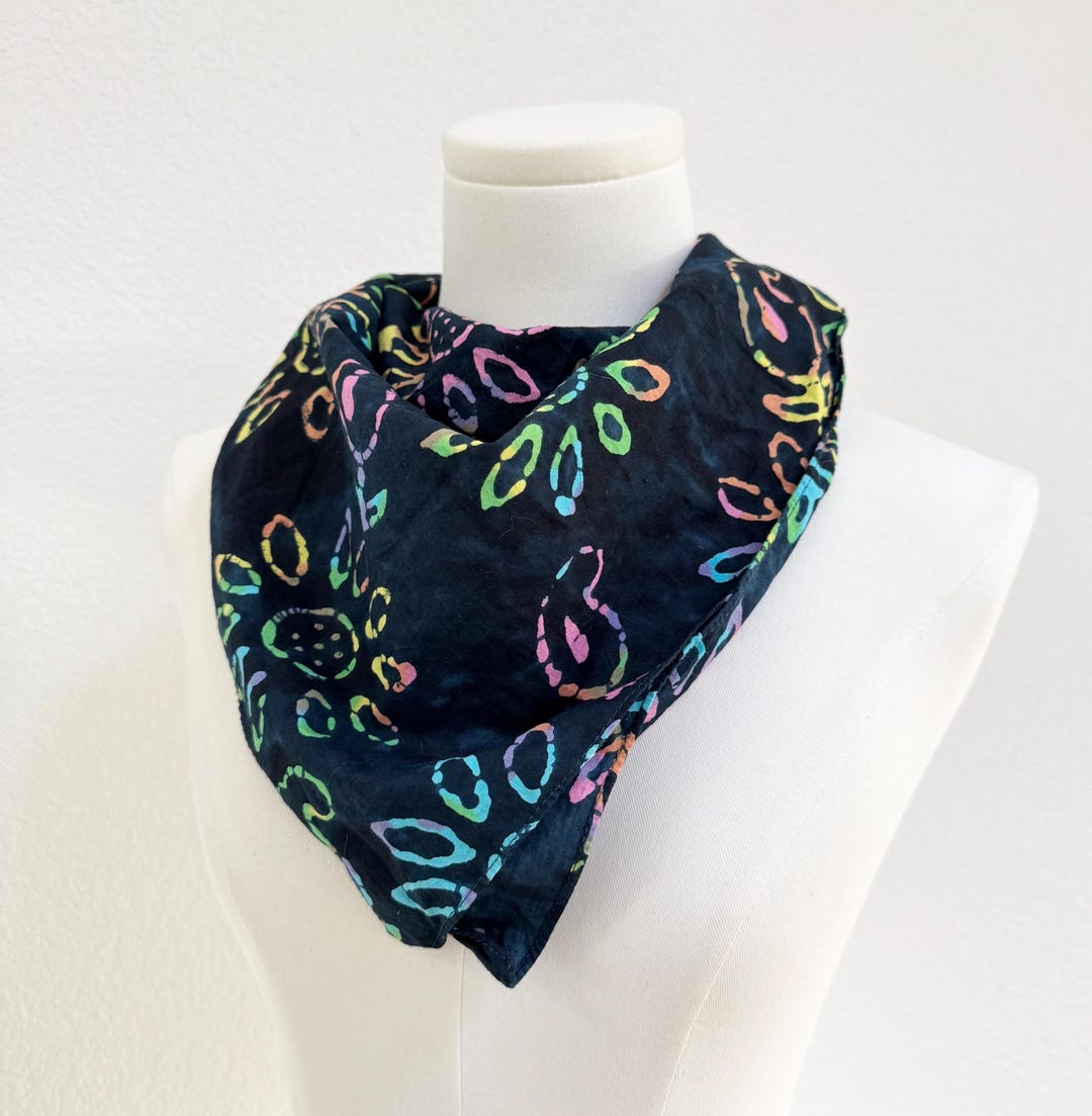 Vintage 90s Batik Floral Bandana Print 21” Square Scarf Navy Blue ...