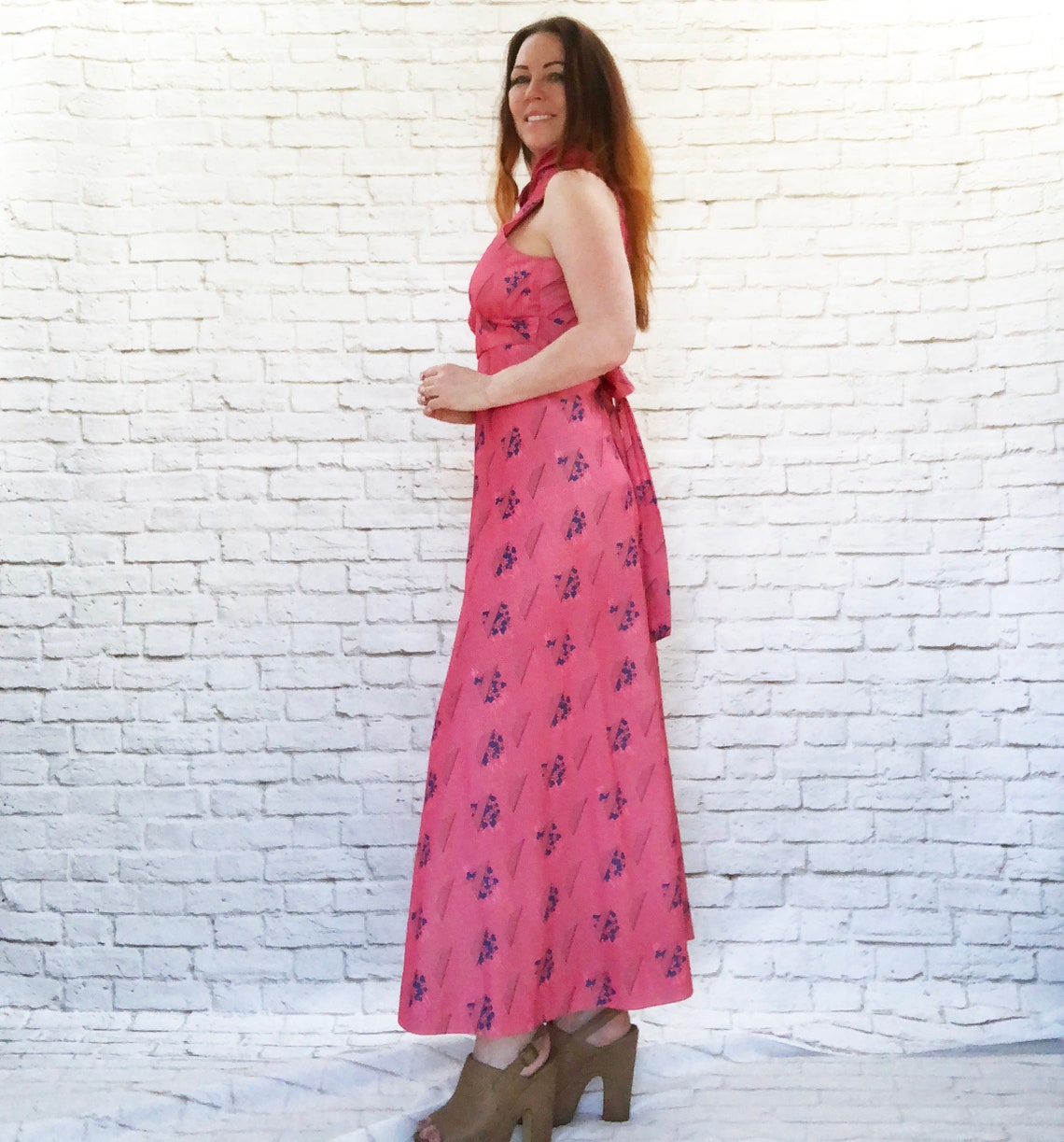 Vintage 60s Mod Graphic Pink Halter Tie Maxi Dress Convertible - Etsy