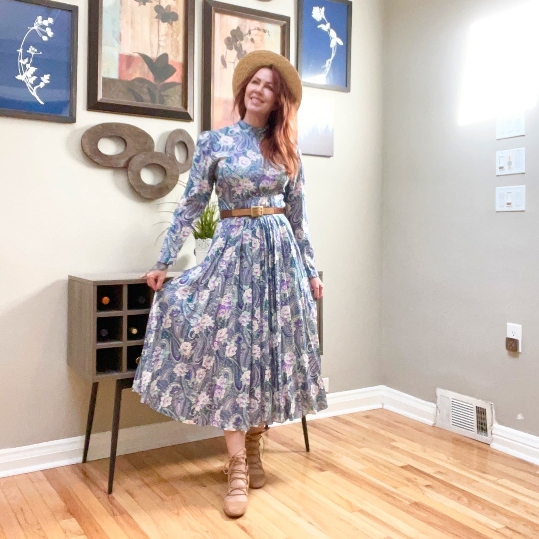 Vintage 80s Paisley Floral Cottage Core Market Dress M Pockets Puff ...