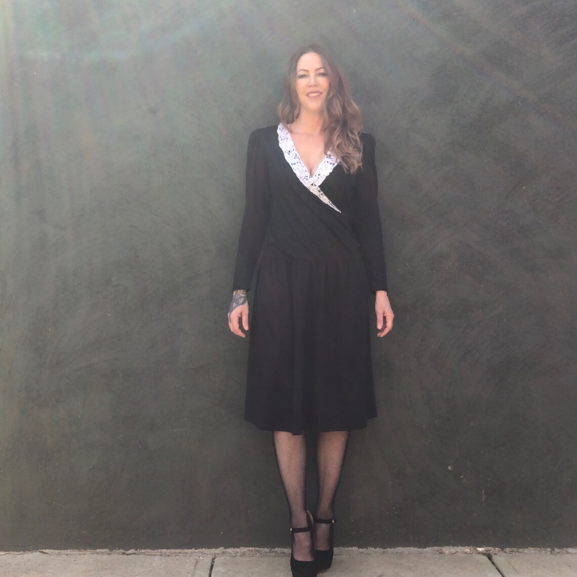 Vintage 90s Goth Governess Lace Collar Black Surplice Wrap Midi Dress S ...