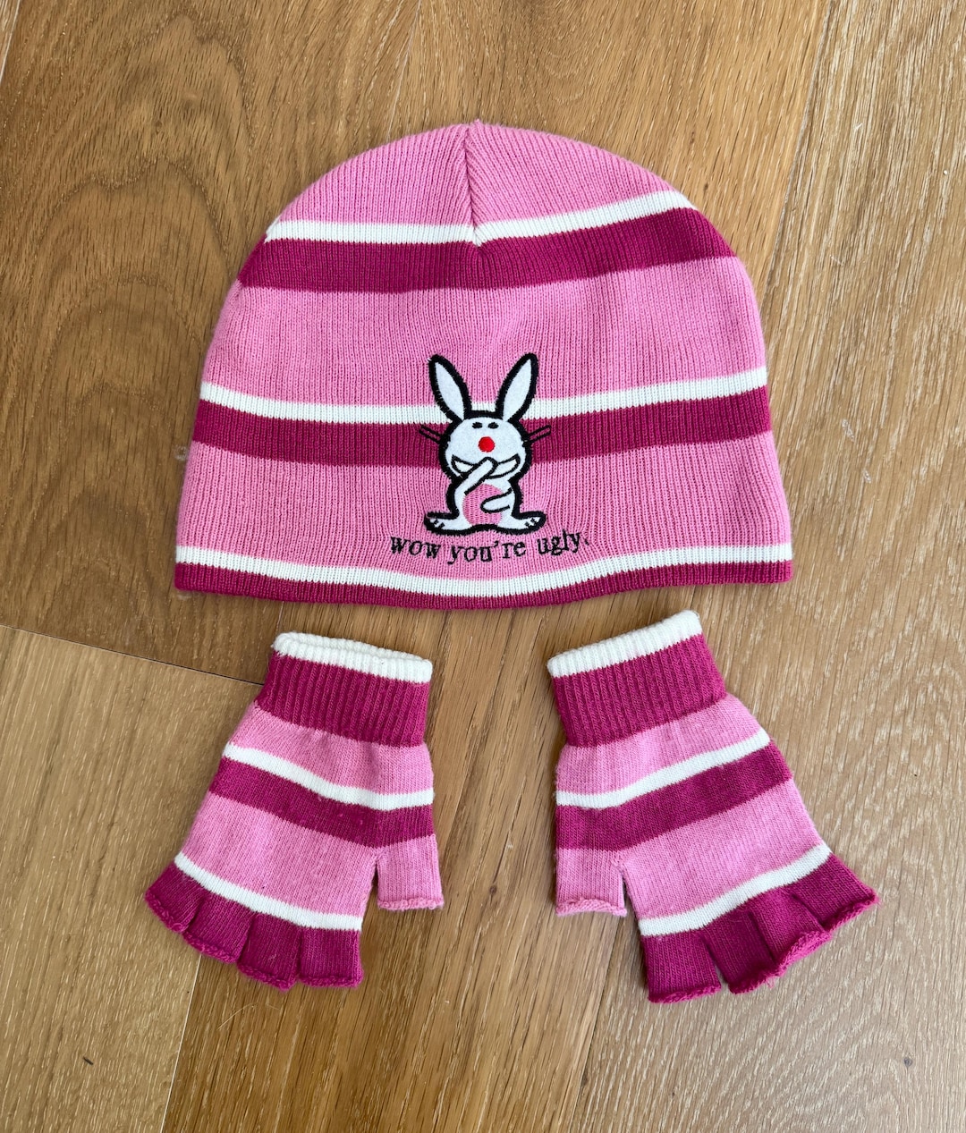 Vintage Y2K Happy Bunny Jim Benton Striped Knit Beanie Hat & Gloves ...