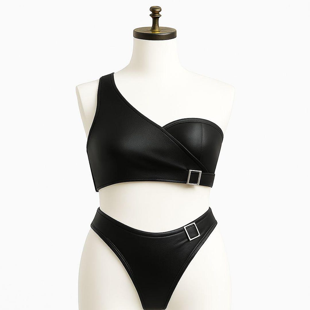 Handmade Black Leather Bikini Set, Handmade Lingerie One Shoulder ...