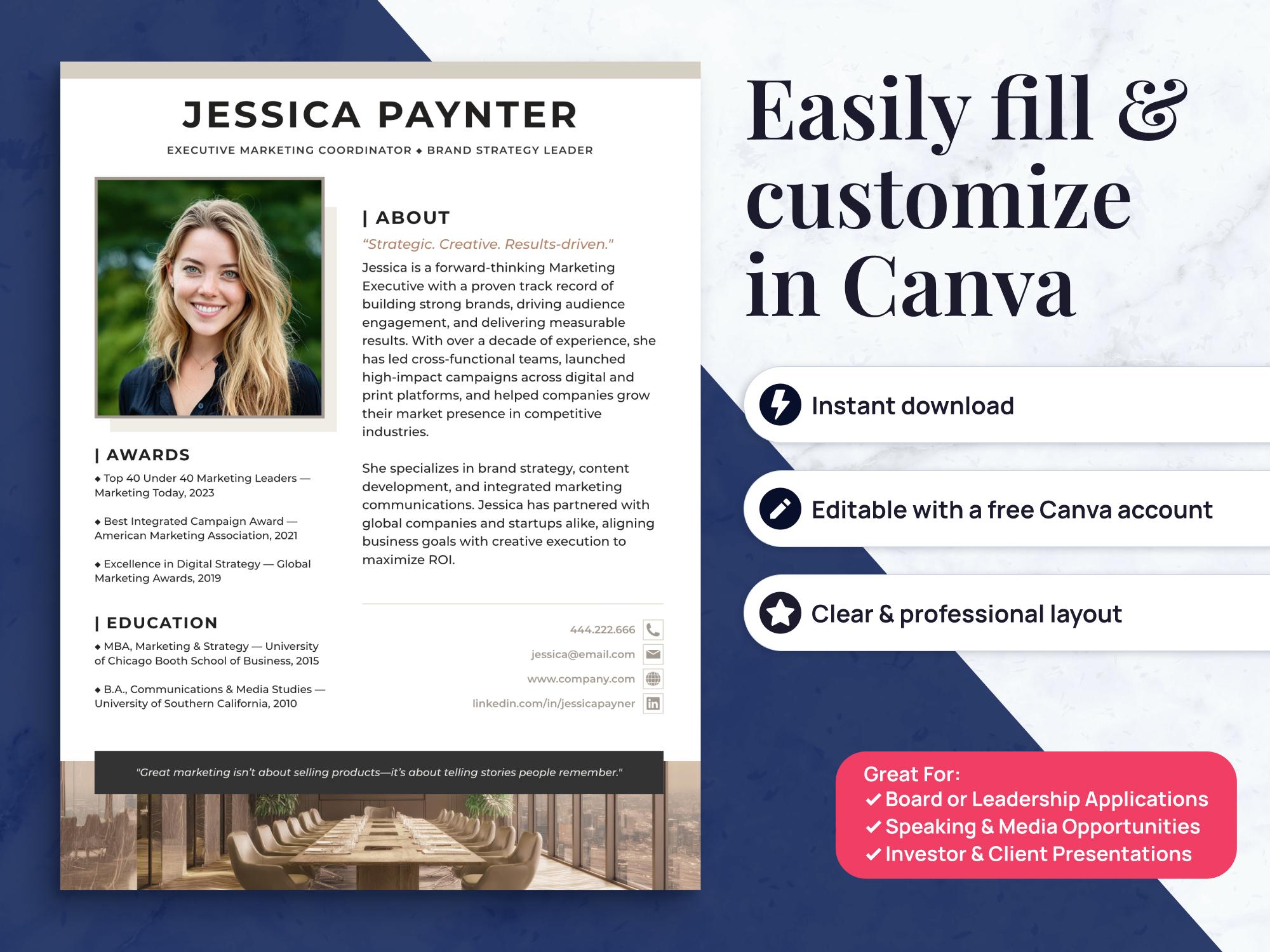 Executive Professional Bio Template | Canva - Etsy