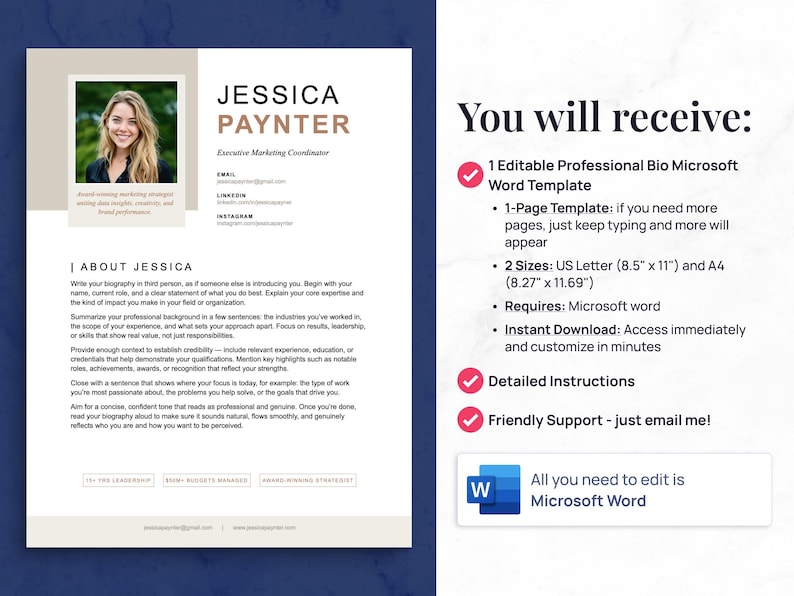 Professional Bio Template | Word - Etsy