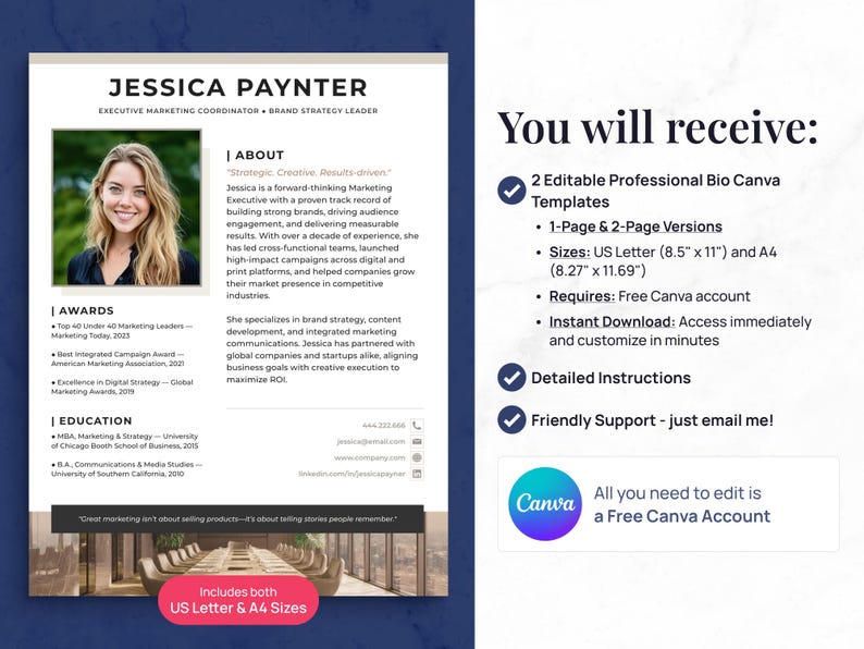 Executive Professional Bio Template | Canva - Etsy