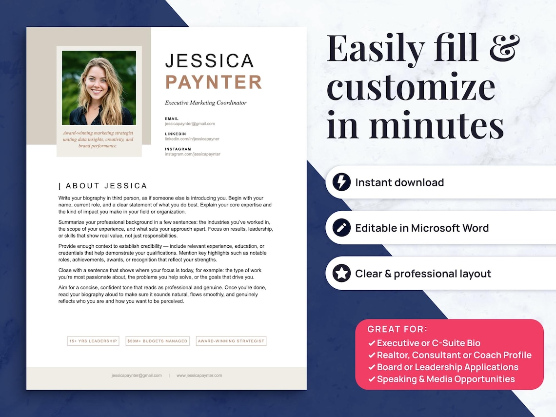 Professional Bio Template | Word - Etsy