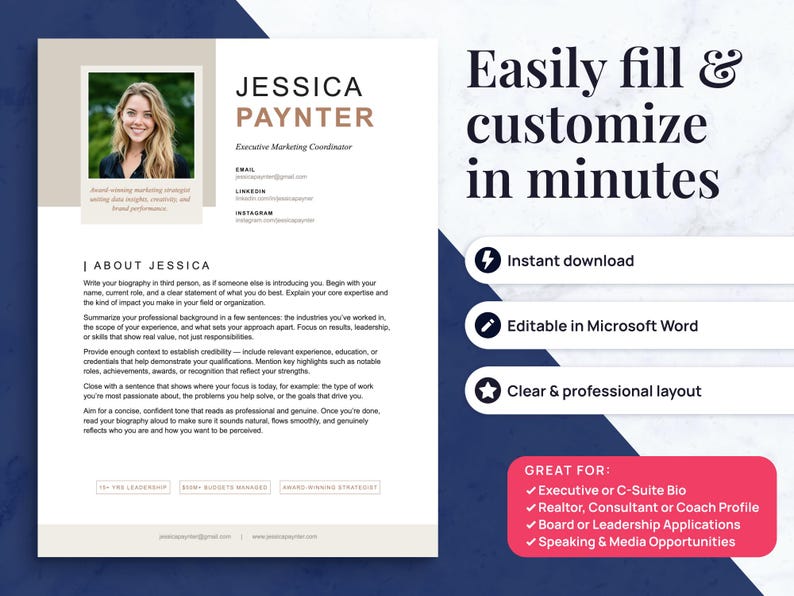 Professional Bio Template | Word - Etsy