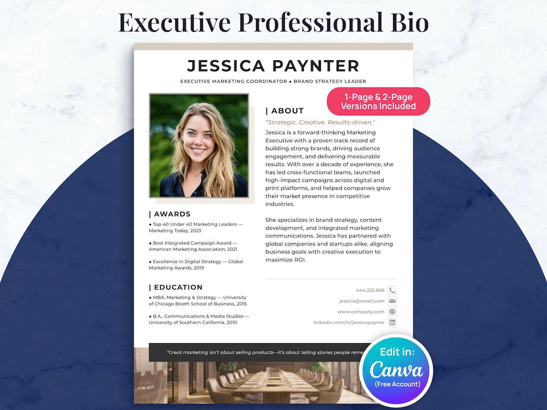 Executive Professional Bio Template | Canva - Etsy