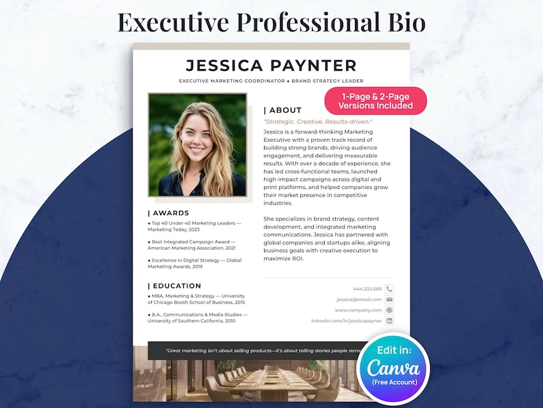 Executive Professional Bio Template | Canva - Etsy