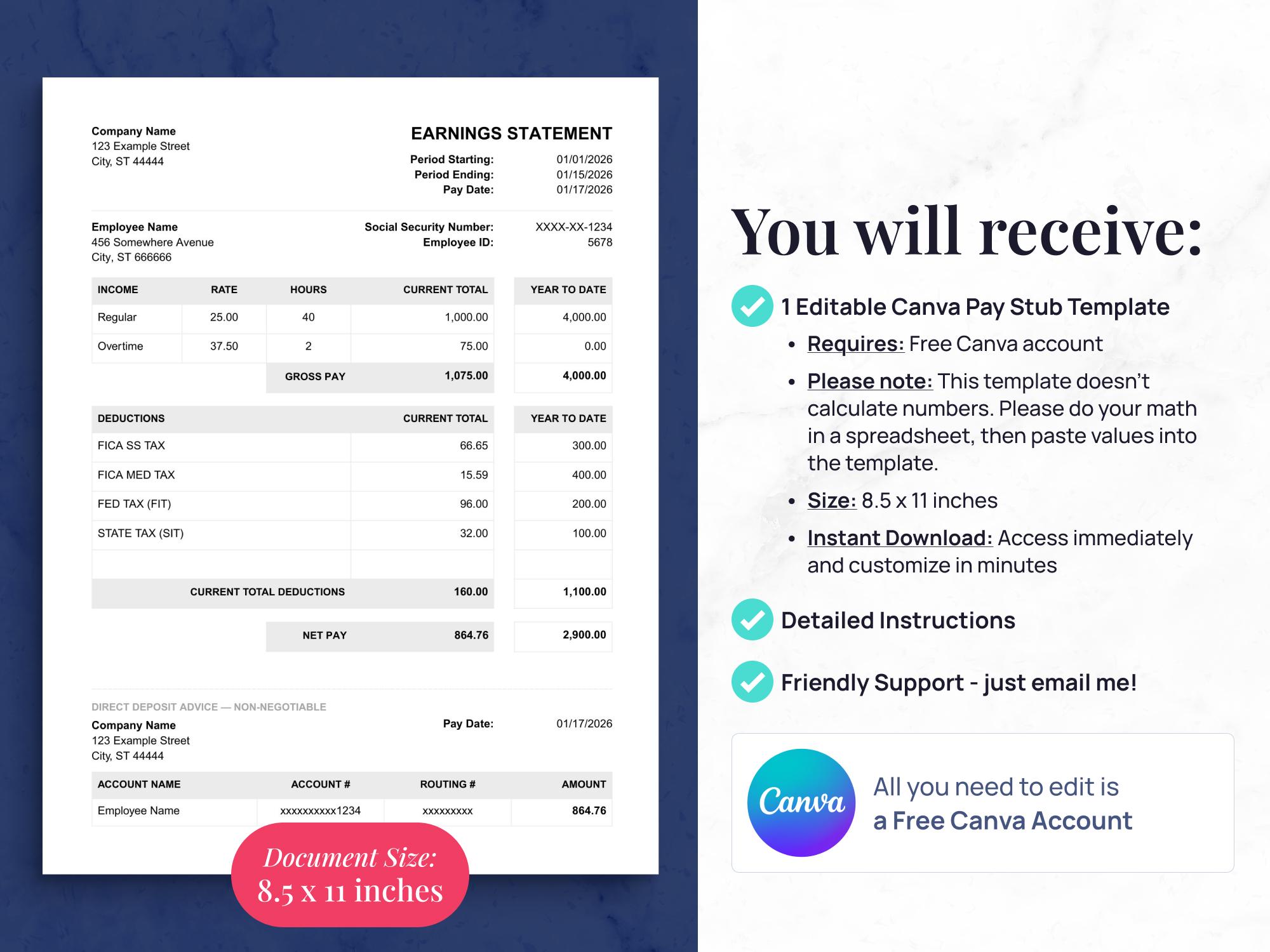 Editable Pay Stub Template for Canva | Simple & Professional Design - Etsy