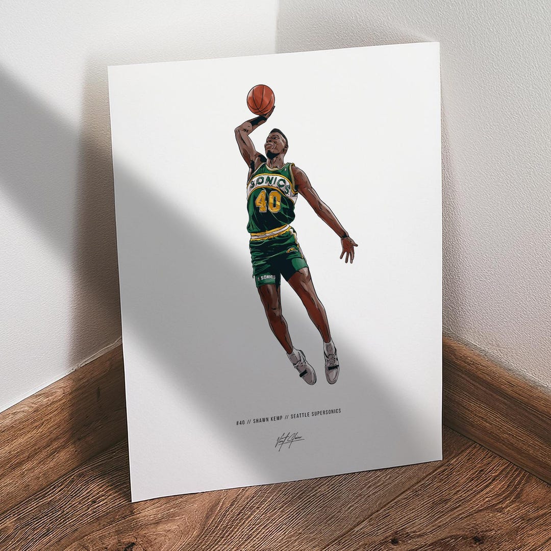 Shawn Kemp Poster, Seattle Supersonics Basketball Wall Art, 8x10 Sports ...