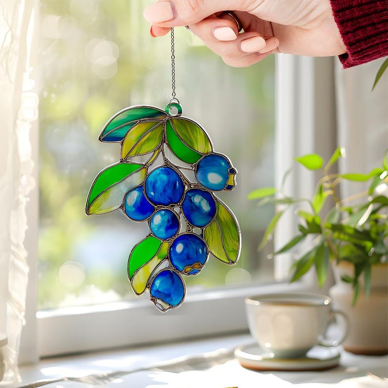 Blueberry Acrylic Suncatcher, Blueberries Faux Stained Glass, Fruit ...