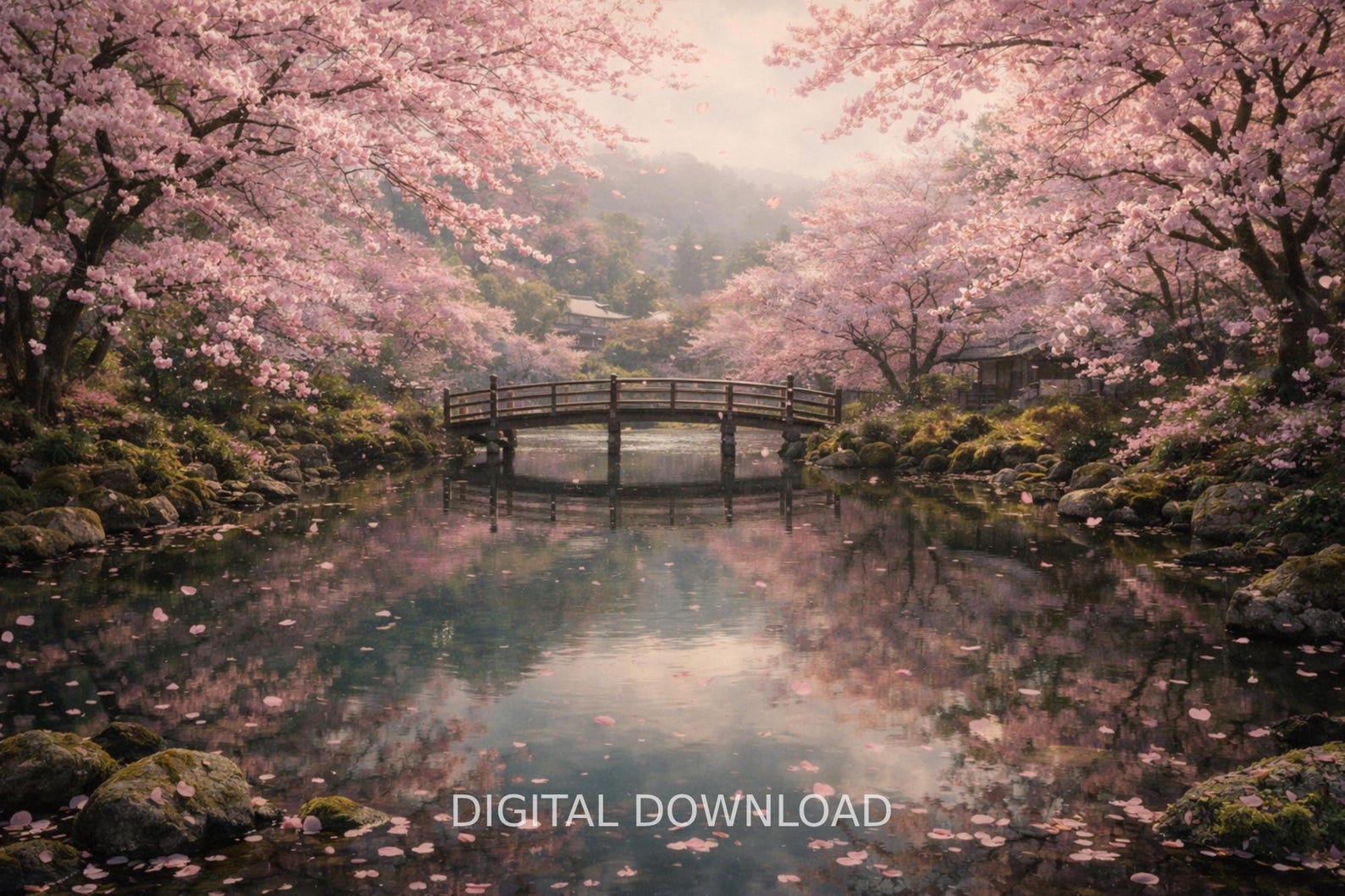 Japanese Sakura Pond Wall Art, Cherry Blossom Landscape, Japanese ...
