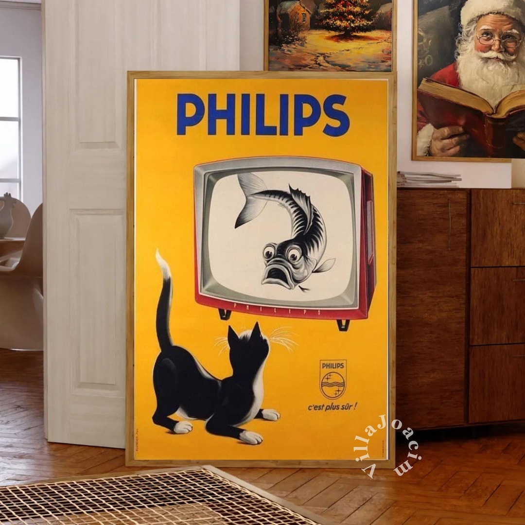 Philips TV Ad Print Poster, 1956 French Television Art Print, Funny Cat ...