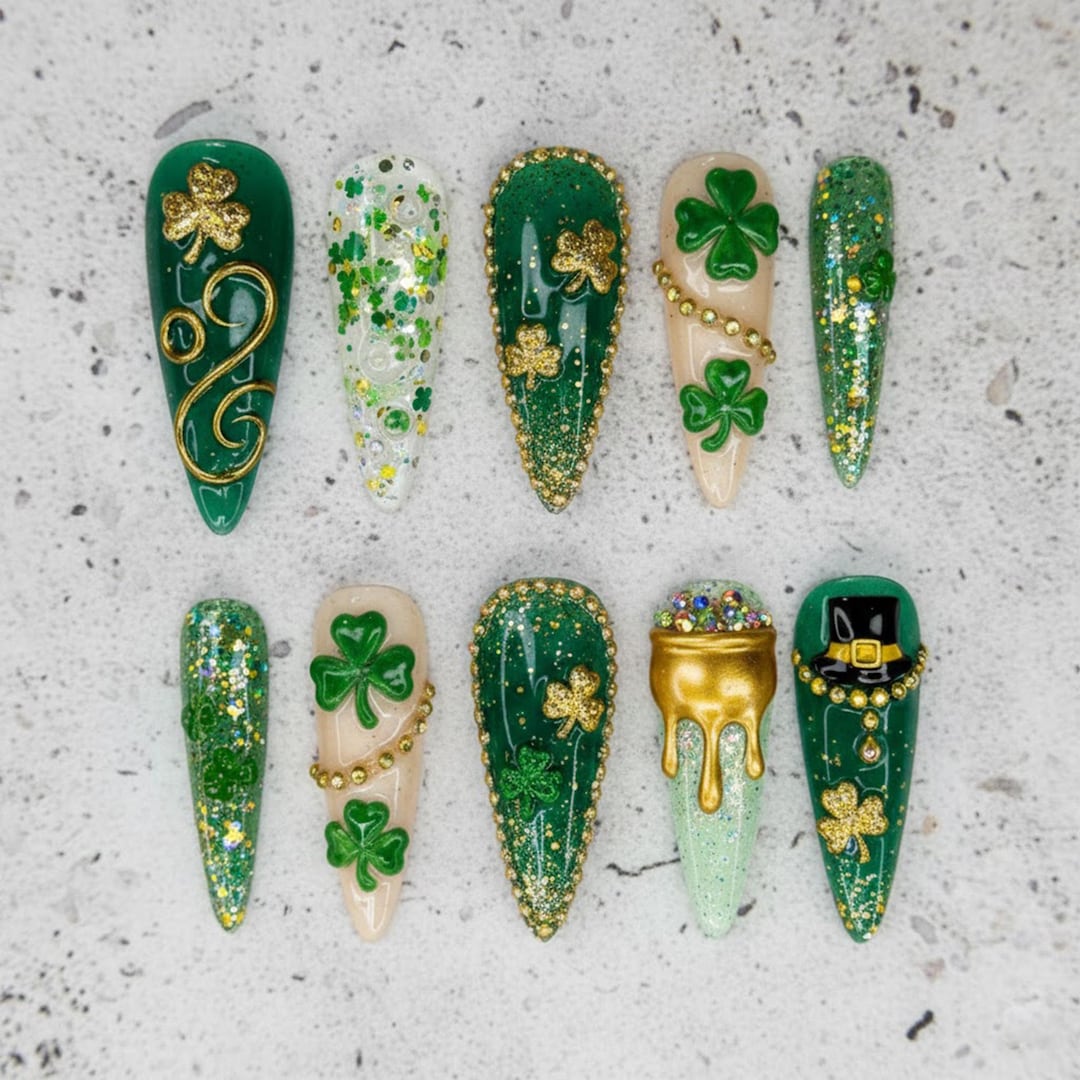 Handmade St. Patrick's Day Press on Nails, 3D Shamrock, Gold Pot Set - Etsy