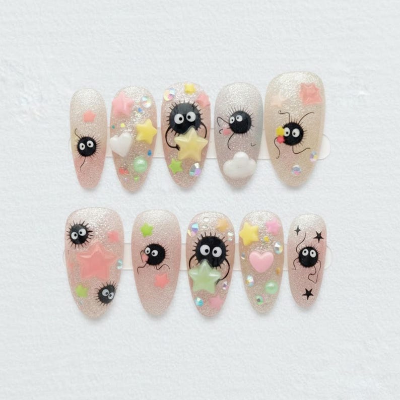 Handmade 3D Soot Sprite Press on Nails, Pastel Star Nail Art - Etsy