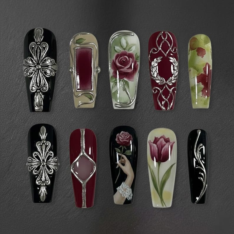 Gothic Rose Press on Nails, Dark Red & Black Baroque Nails, 3D Cross ...