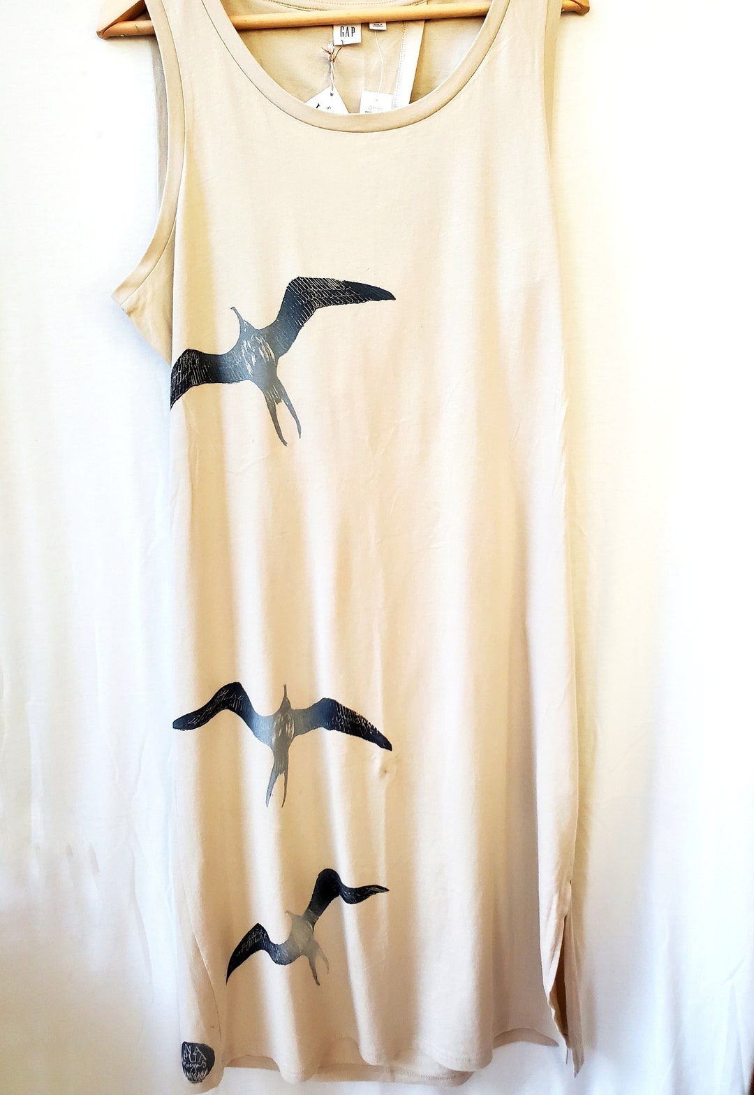 Handstamped Ombre 'iwa Birds With Moon on Beige Gap Dress - Etsy