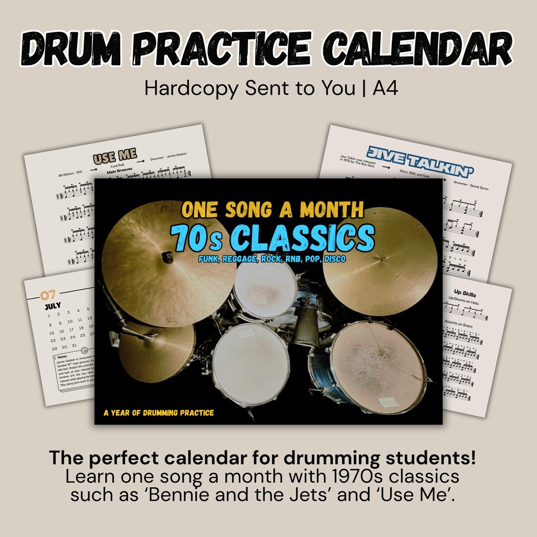 1970s Music Practice Wall Calendar | Hardcopy Drum Planner for ...
