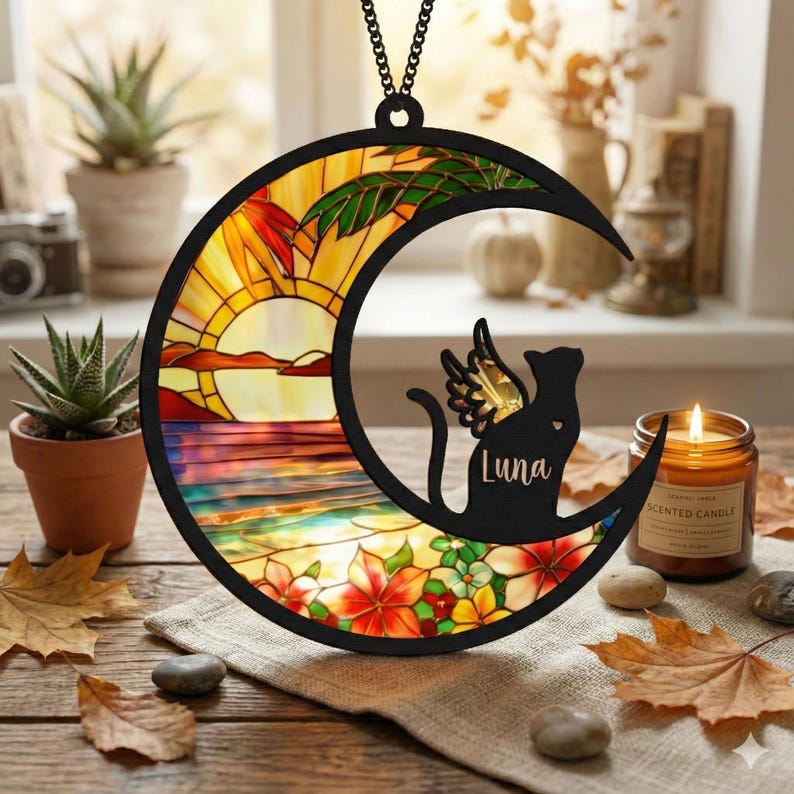 Personalized Cat Memorial Suncatcher, Angel Cat Moon Ornament, Loss of ...
