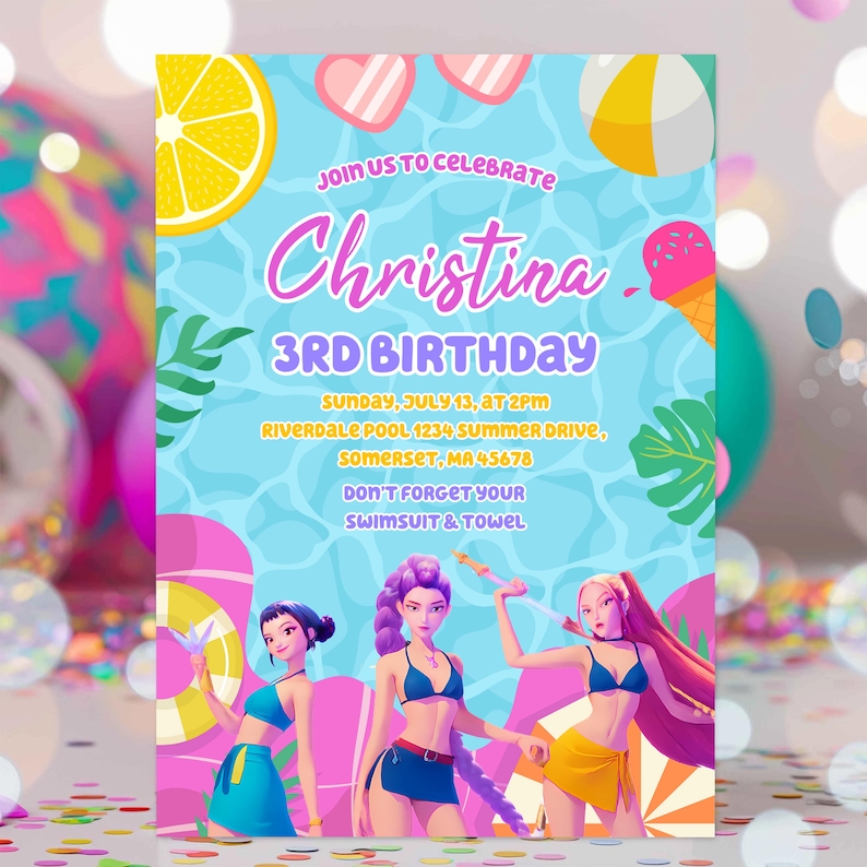 KPOP Demon Hunters Pool Party Invitation, Editable Canva Template ...