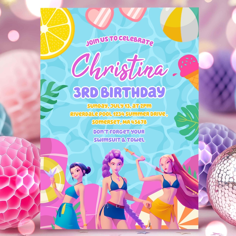 KPOP Demon Hunters Pool Party Invitation, Rumi, Zoey, Mira, Kpop Pool ...