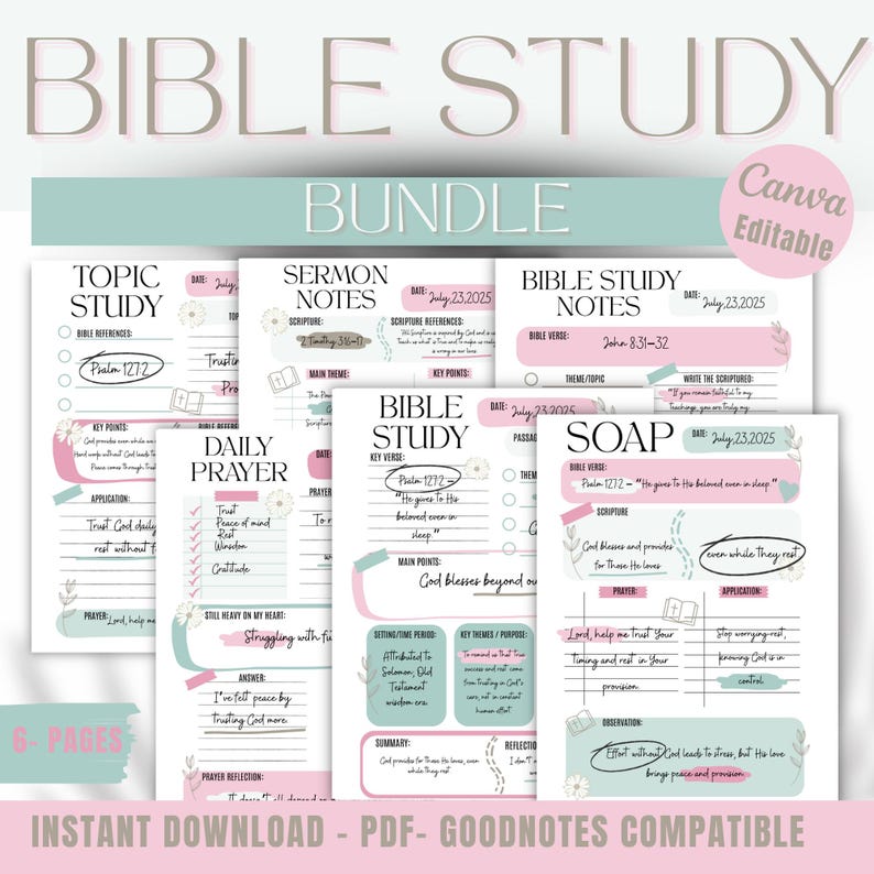 Editable Bible Studytemplate in Canva Bundle, Bible Study Tool Template, Faith Growth,soap Bible ...