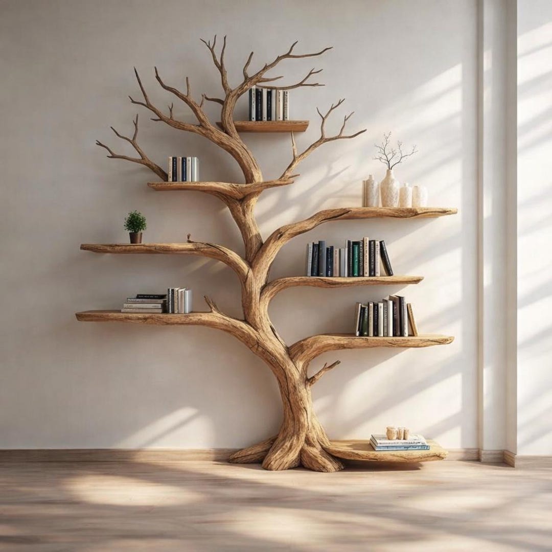 Large Tree Bookshelf - Unique Solid Wood Wall Library - Nature Inspired ...