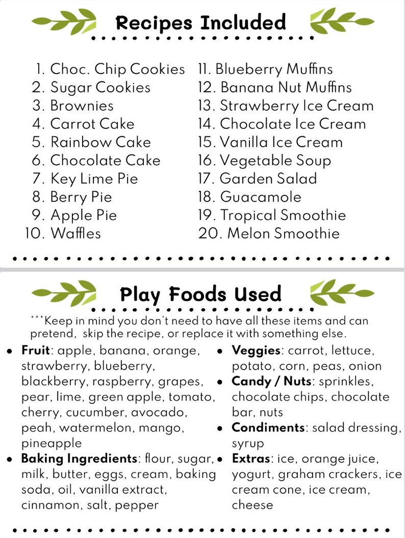 SET 1 PRINTABLE 20 Dramatic Play Recipe Cards for Kids Play - Etsy