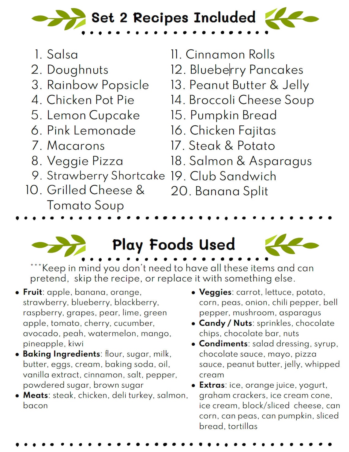 SET 2 PRINTABLE 20 Dramatic Play Recipe Cards for Kids Play Pretend ...