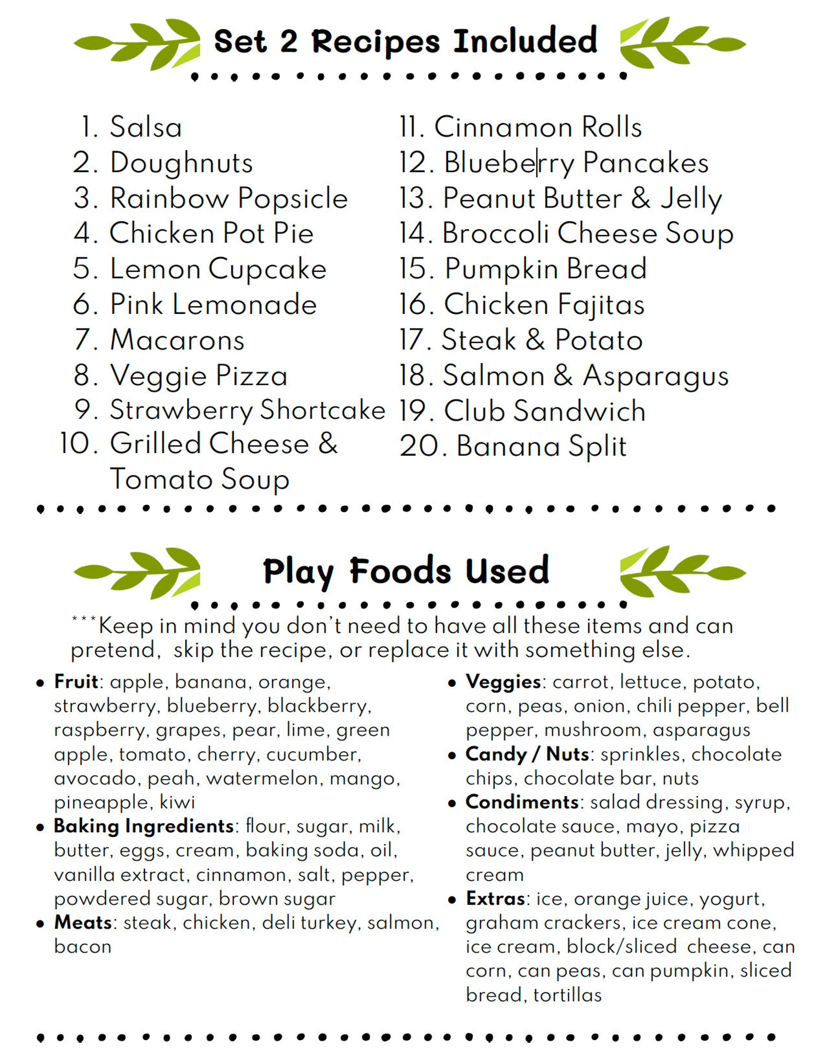 SET 2 PRINTABLE 20 Dramatic Play Recipe Cards for Kids Play Pretend ...