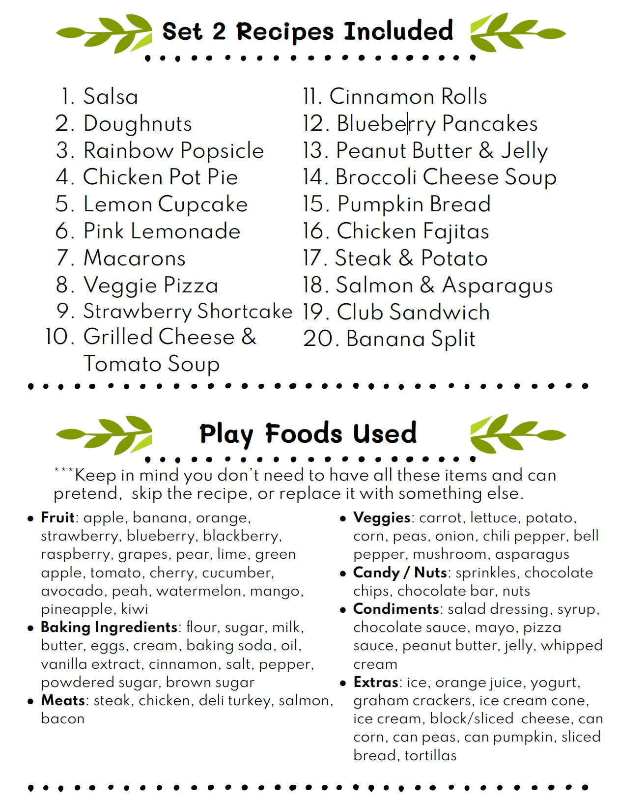 SET 2 PRINTABLE 20 Dramatic Play Recipe Cards for Kids Play Pretend ...