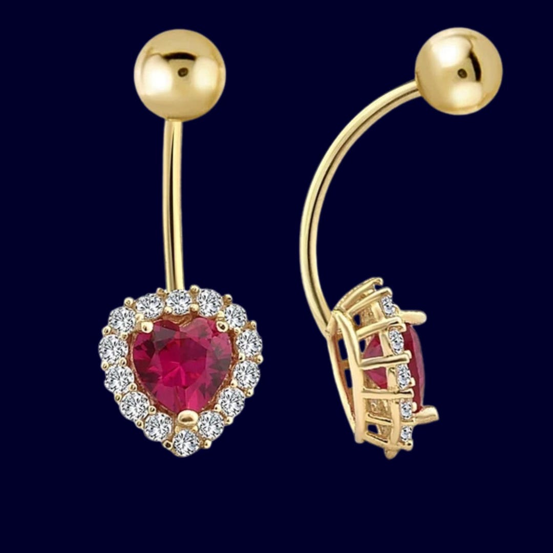 Heart Shape Red Ruby and Diamond Piercing Women Belly Button 14k Gold ...