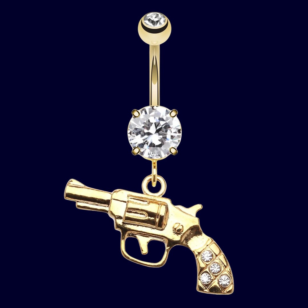 Golden Pistol Gun Diamond Belly Button Ring Double Threaded Navel Ring ...