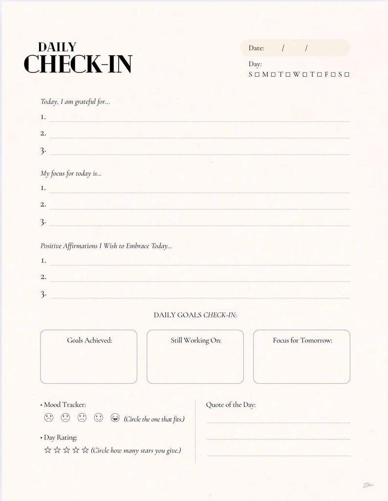 Daily Check-in Journal | Printable Planner Page | Gratitude ...