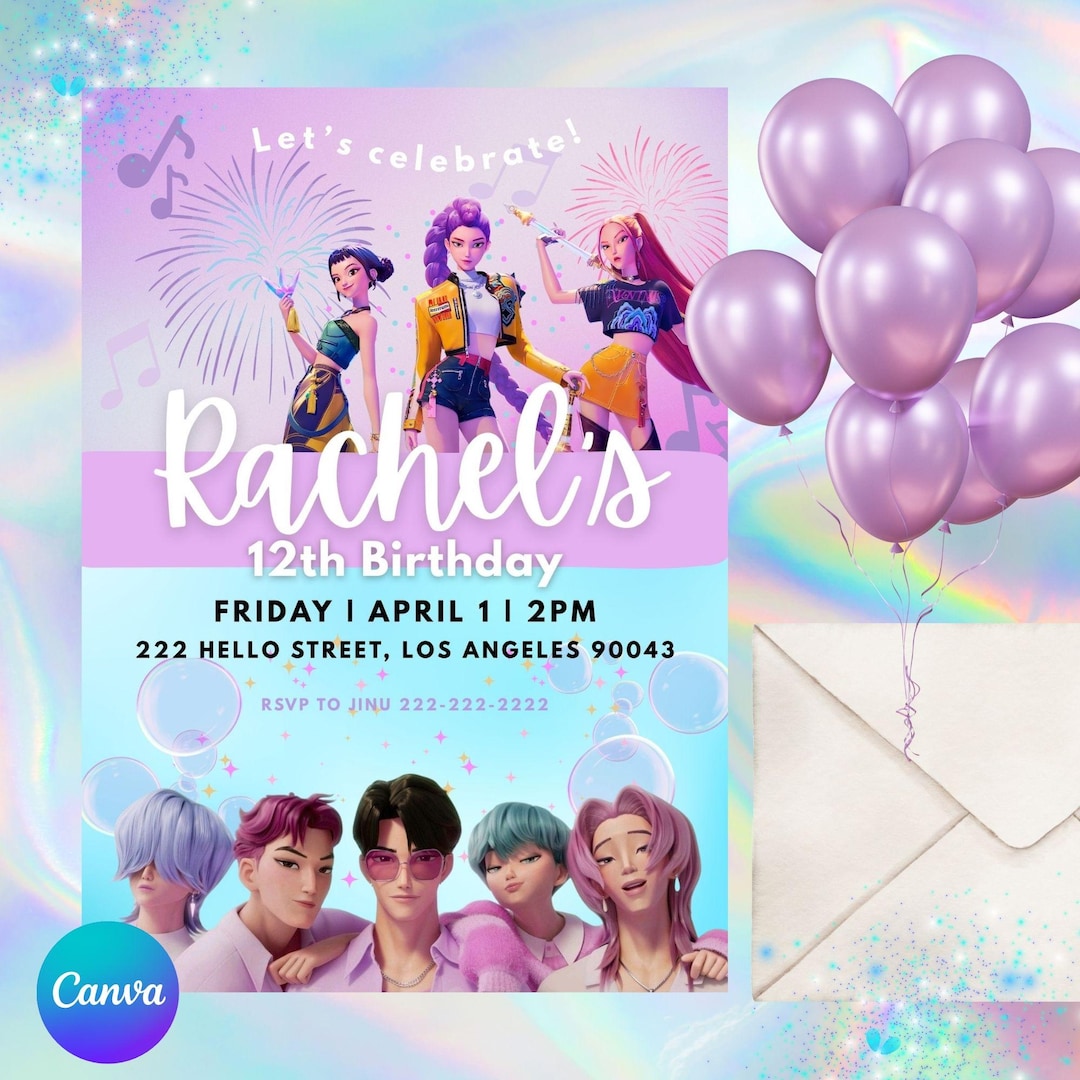 Kpop Anime Birthday Invitation | HUNTRIX SAJA BOYS, Canva Template ...