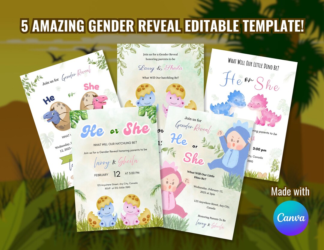 Dinosaur Gender Reveal Invitation Card – Editable Printable Baby Shower ...