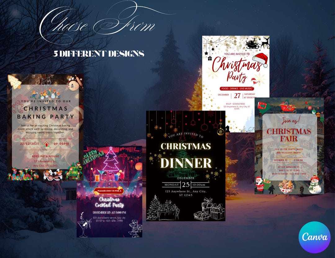 Christmas Invitation Card Bundle – 5 Editable Holiday Party Invites ...