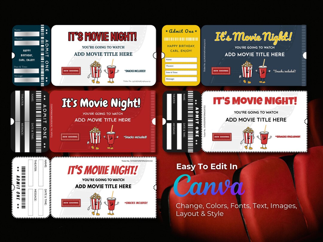 Movie Night Ticket Template: Editable Cinema Pass, DIY Printable (canva ...