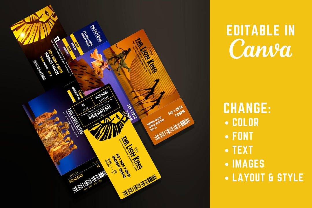 Lion King Broadway Show Ticket Template: Editable Canva DIY - Etsy