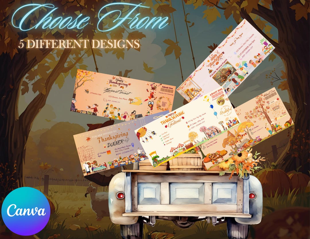 Thanksgiving Ticket Bundle – 5 Editable Fall Dinner Invitations ...
