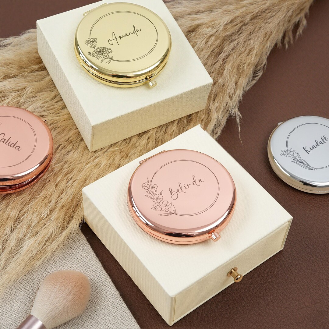 Personalized Birth Flower Compact Mirror, Custom Name Pocket Mirror ...