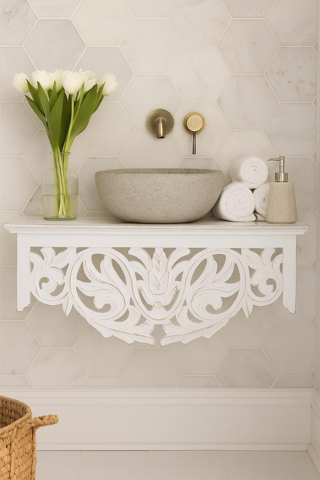 Elegant French Country Style Wall Shelf | Distressed White Wood ...