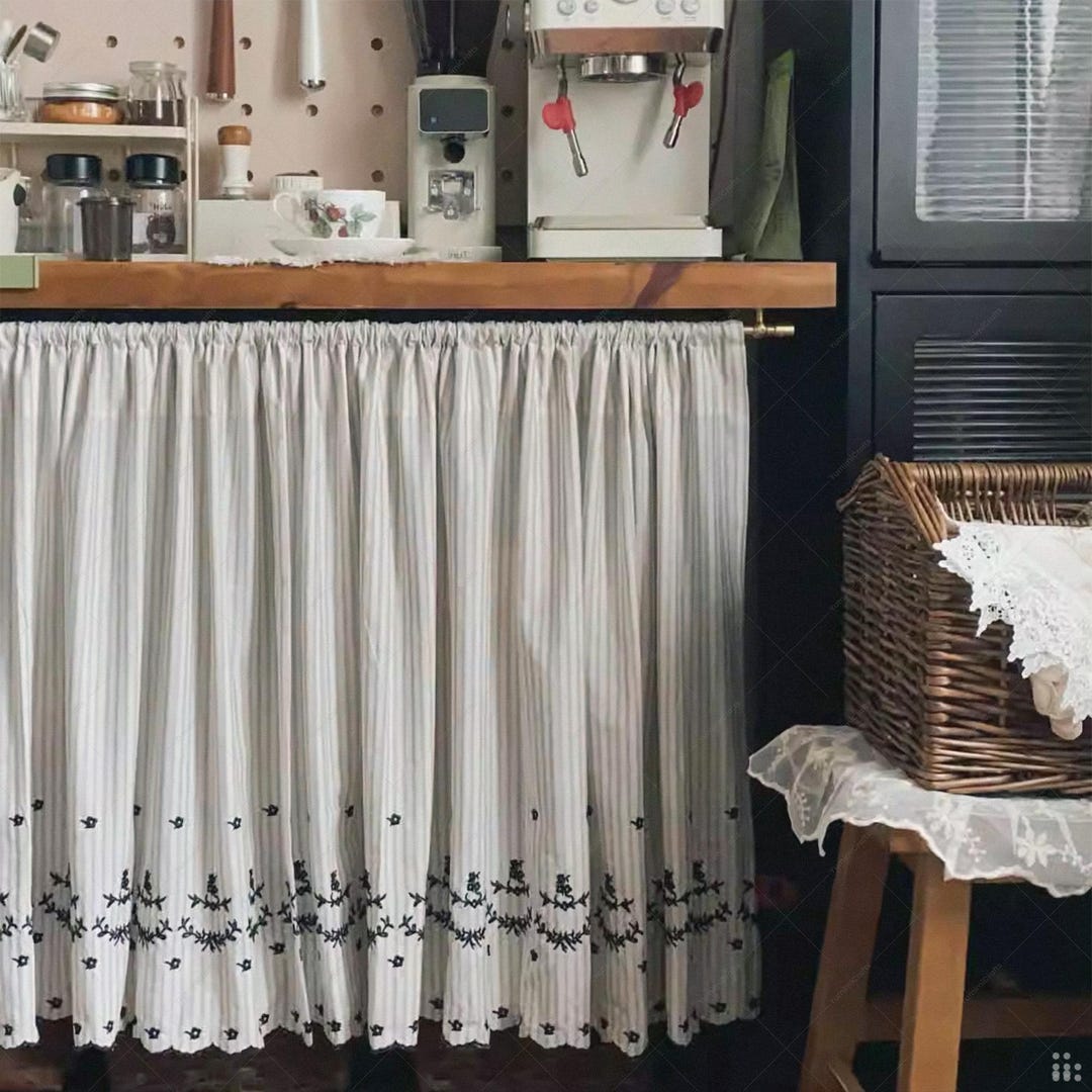 Vintage Embroidered Cafe Curtain, Cottage Rod Pocket Kitchen Tier ...