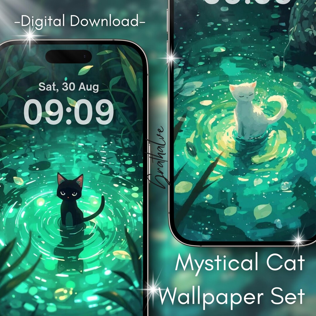 Mystical Cat Phone Wallpaper Set | Fantasy Forest Lock Screen (digital ...