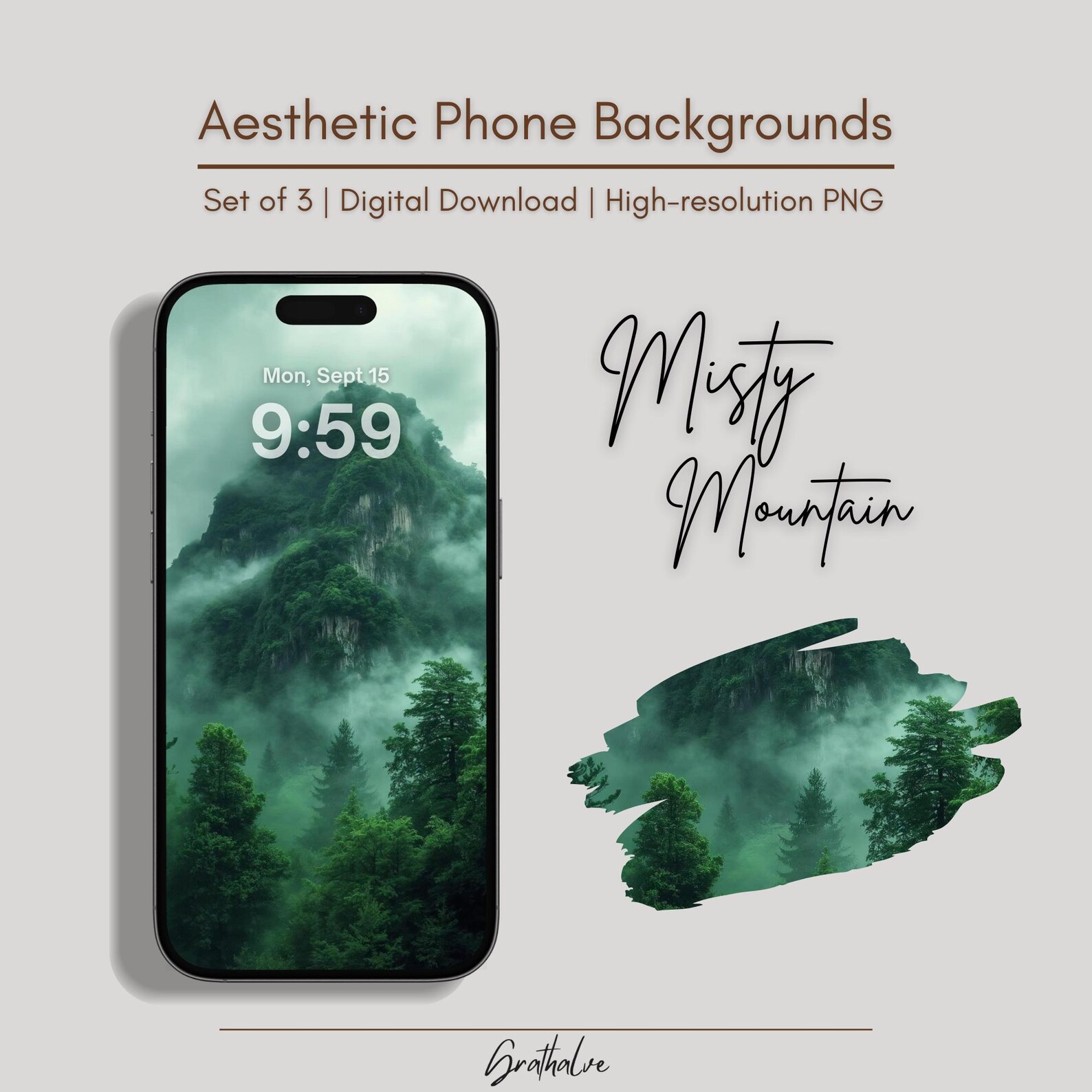 Misty Mountain Phone Wallpaper Set | Aesthetic Forest Lock Screen ...
