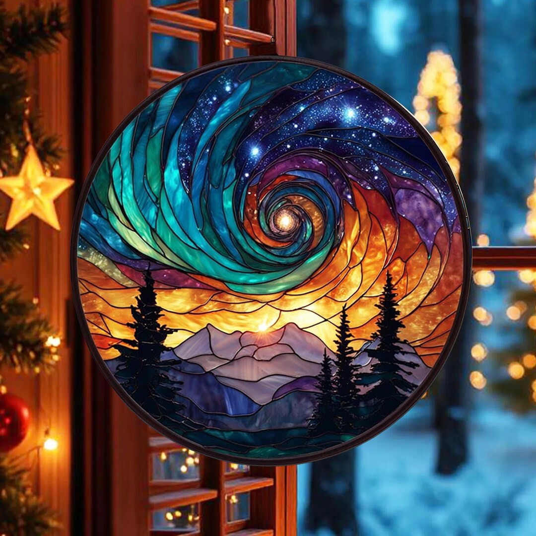 Northern Lights Aurora Glass Suncatcher, Forest Aurora Acrylic Window ...